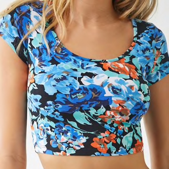 Ambiance | Tops | Nwot Blue Floral Print Cotton Crop Top Medium | Poshmark